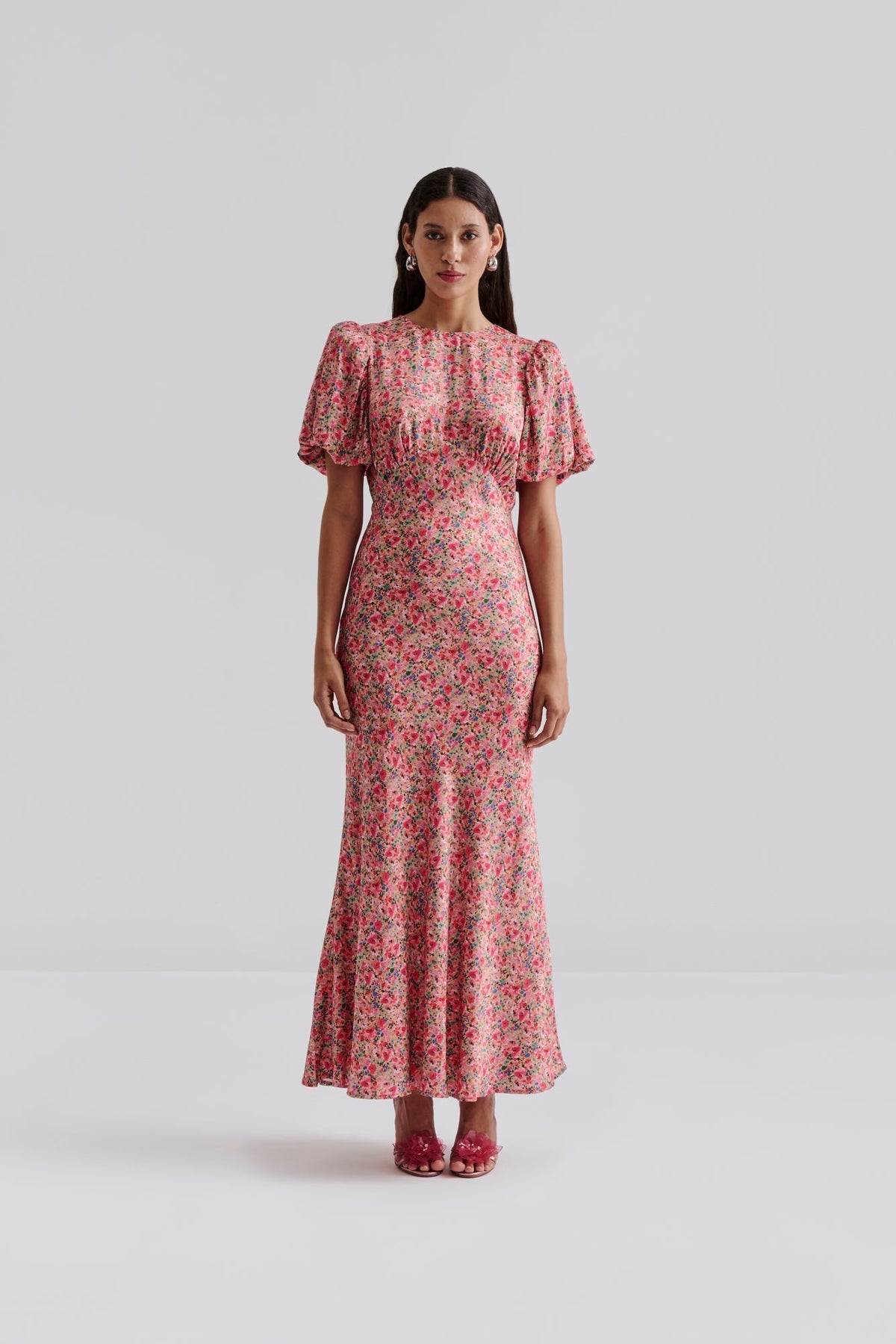 Malina - Freja Pouf Sleeve Maxi Dress Pink Ditsy - Smuk