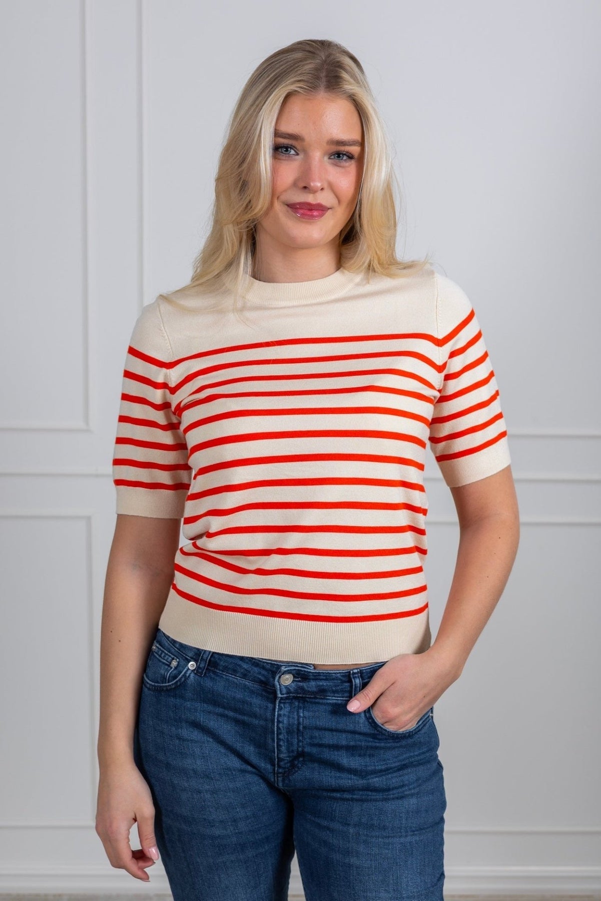 YAS - Yaslena Ss Knit Pullover Birch Cherry Tomato Stripes - Smuk